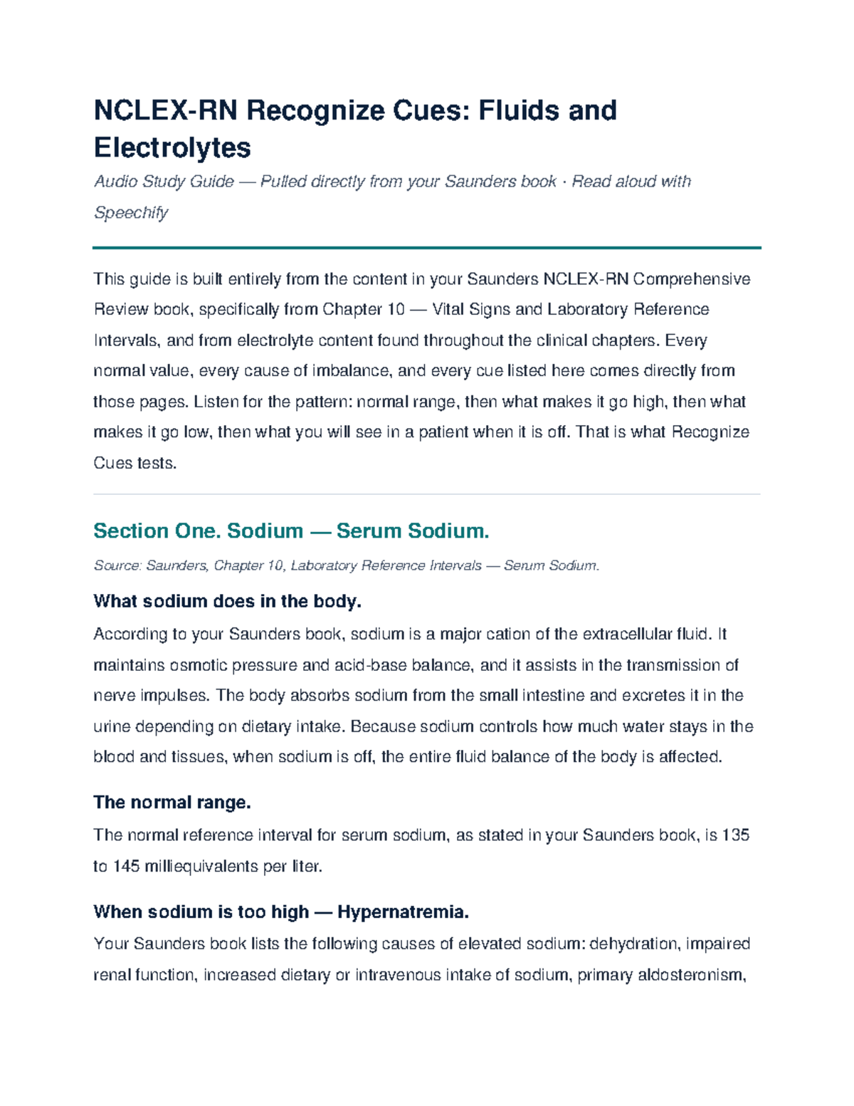 Fluids & Electrolytes: Recognize Cues Audio Study Guide - Studocu