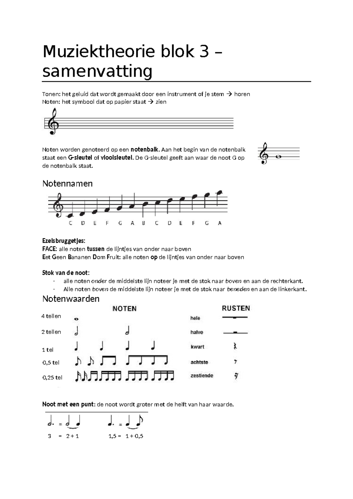Muziektheorie Blok 3: Samenvatting van Noten en Notenwaarden - Studeersnel