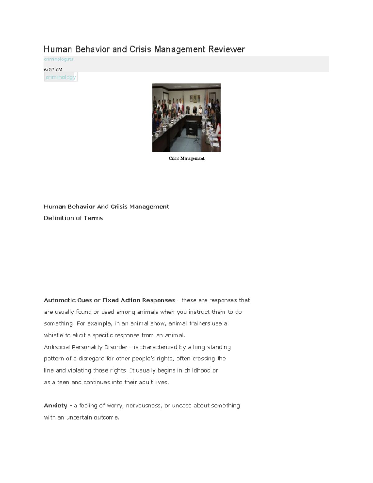 Human Behavior and Crisis Management Reviewer - Human Behavior and ...