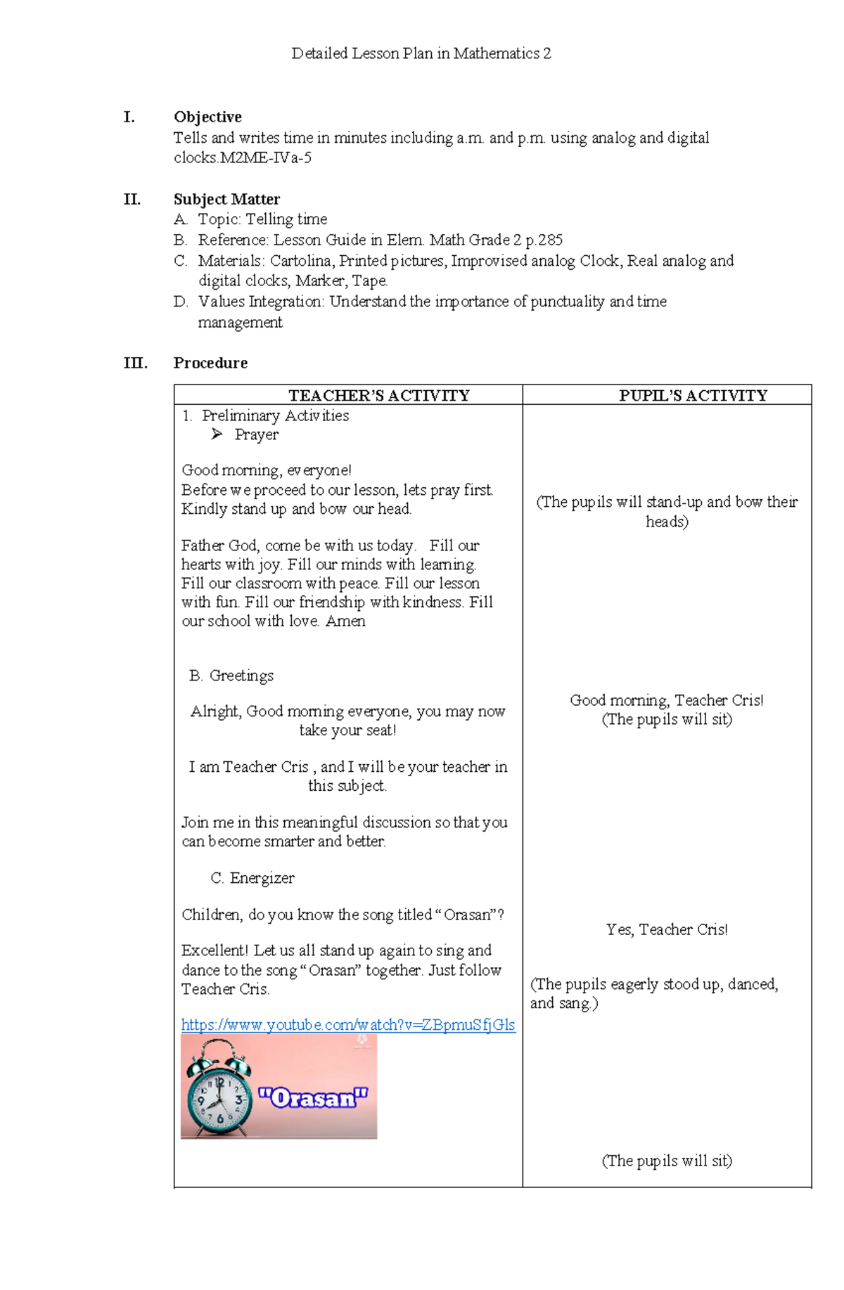 Mathematics Lesson Plan: Telling Time for Grade 2 (Math 2) - Studocu