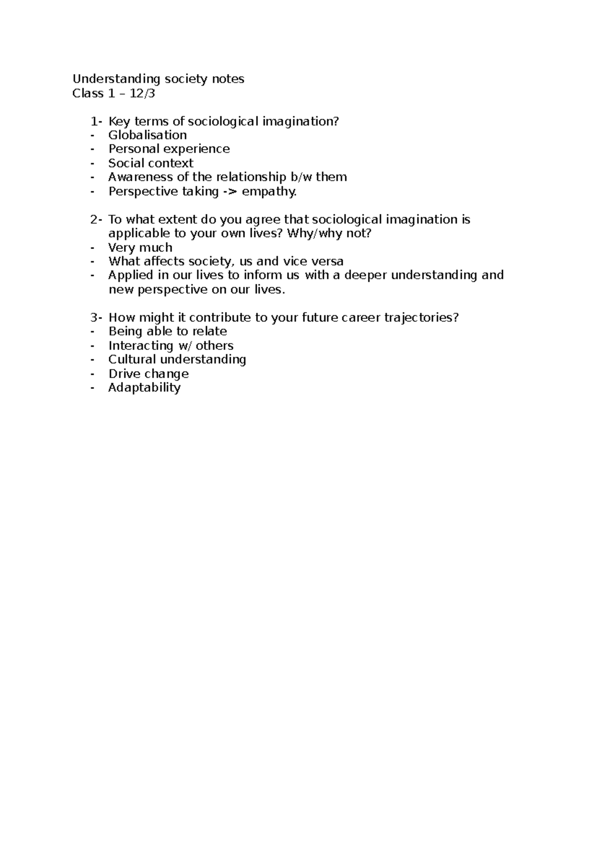Understanding society notes - Understanding society notes Class 1 – 12/ ...