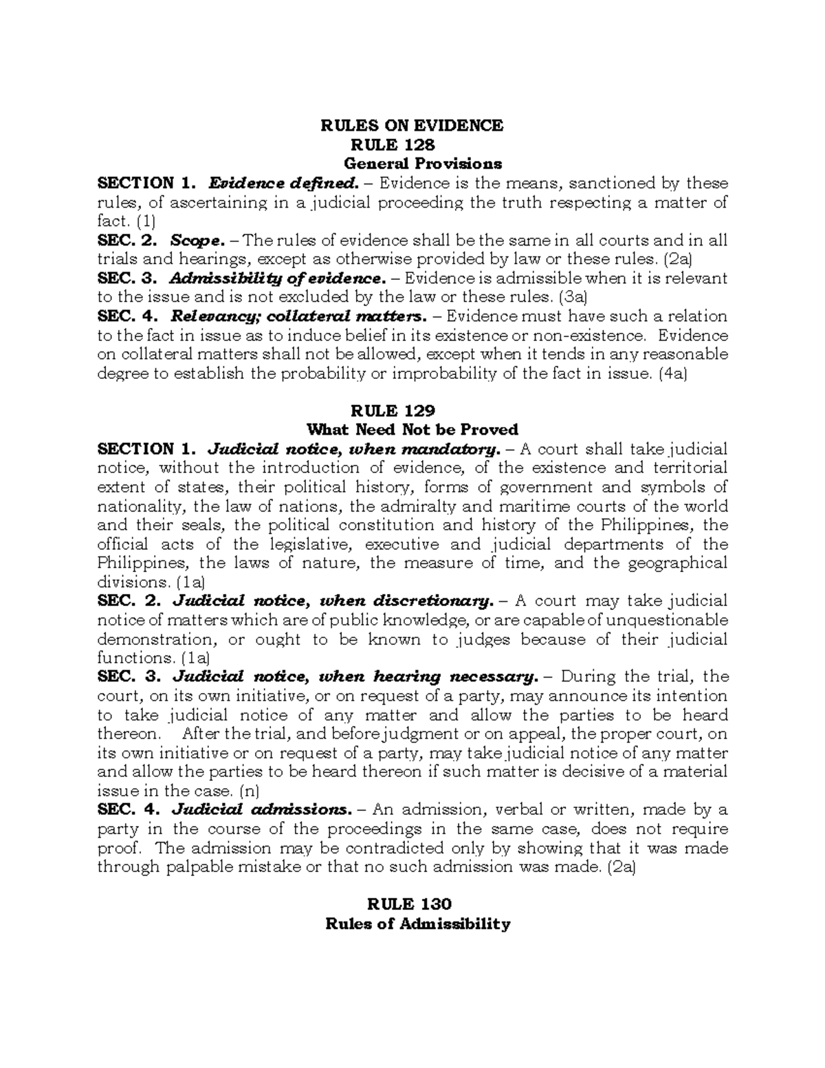 Rules ON Evidence Codal - RULES ON EVIDENCE RULE 128 General Provisions ...
