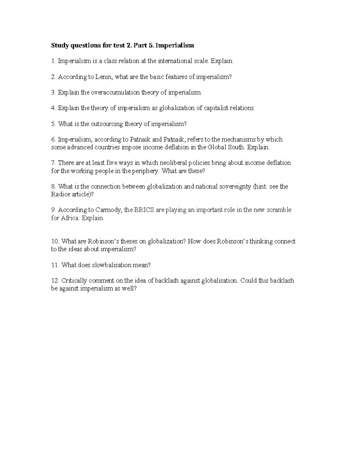 Study Questions for Test 2: Imperialism Insights and Theories - Studocu