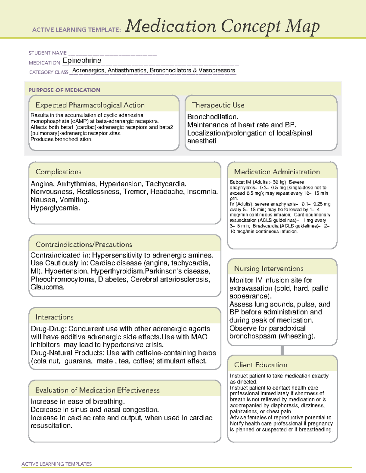 Epinephrine - notes - ACTIVE LEARNING TEMPLATES Medication Concept Map ...