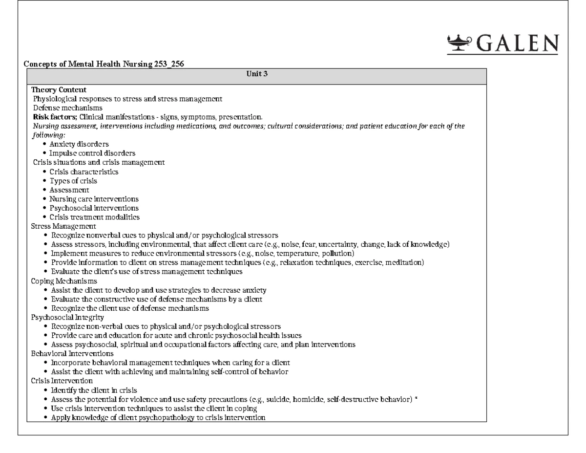 NUR 256 UNIT 1 - Key Concepts in Mental Health Nursing Care Summary ...