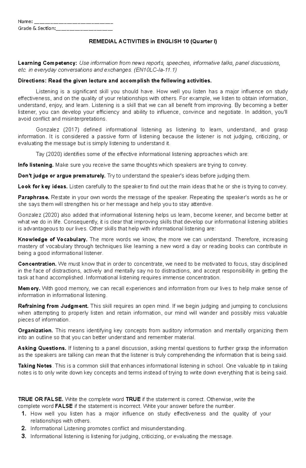 Remedial Activities in English 10: Enhancing Informational Listening ...