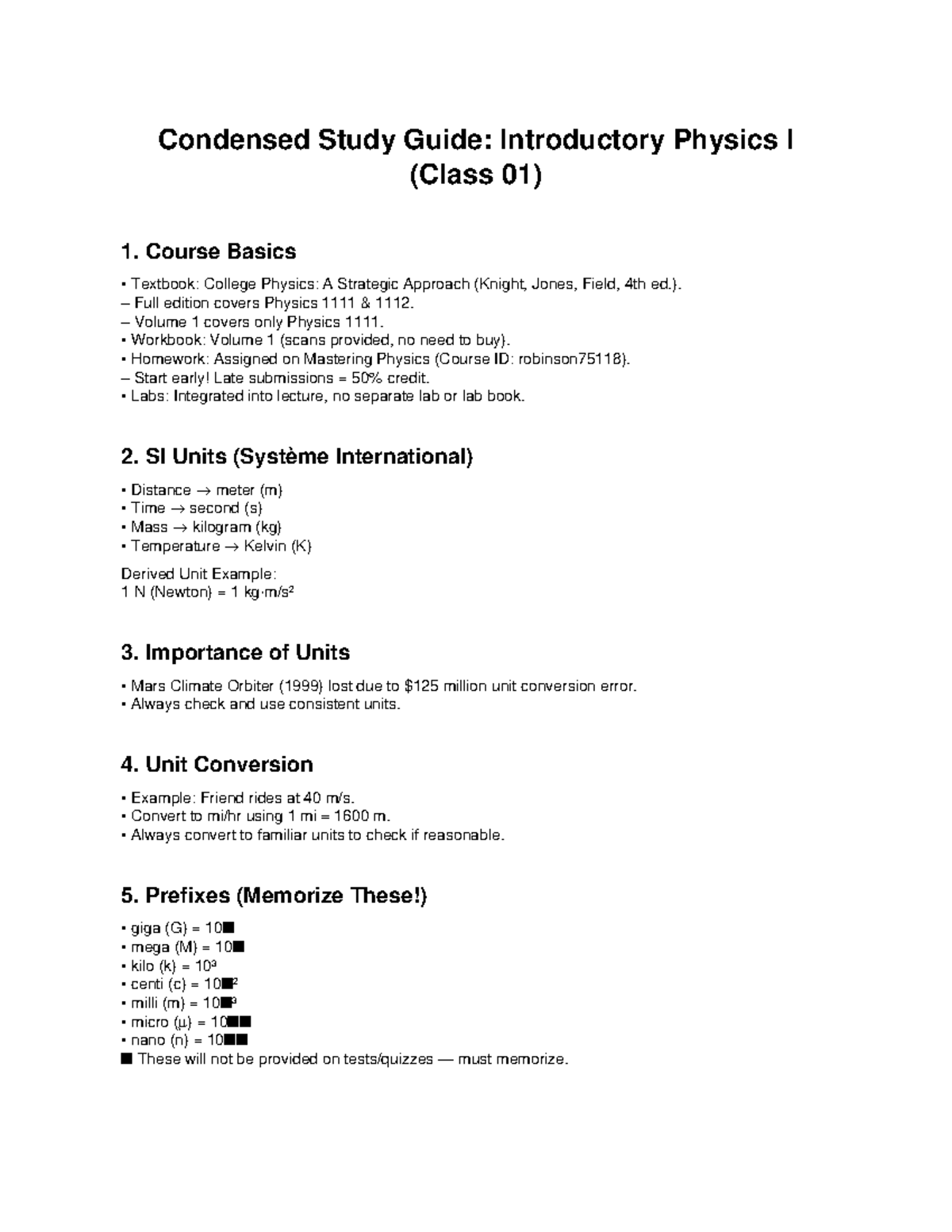 Introductory Physics I Study Guide (Class 01) - Key Concepts - Studocu