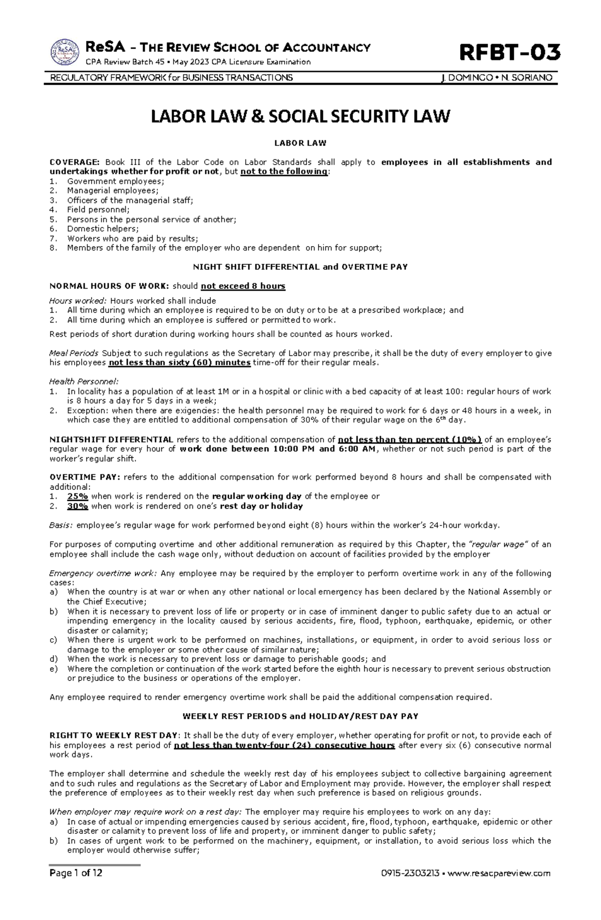 RFBT-03 Labor Law & Social Security Review Notes for CPA Exam - Studocu