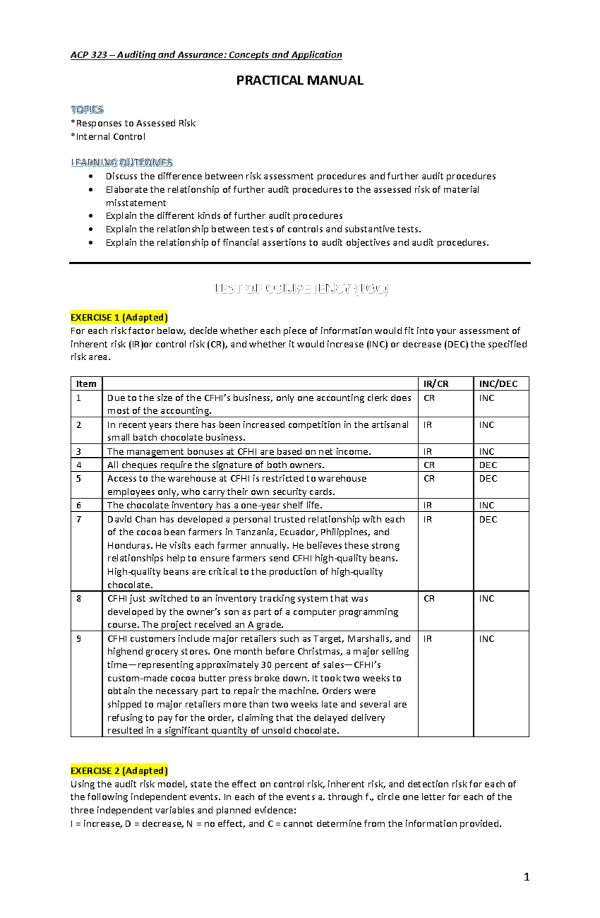 ACP 323 Auditing and Assurance: Risk Assessment & Control Procedures ...