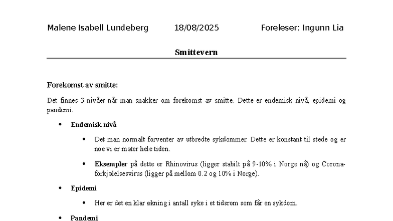 Smittevern: Forekomst, Smittemåter og Infeksjoner - Malene Isabell ...