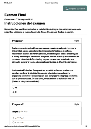 Examen Final Calculo integral - Examen Final Comenzado: 8 de dic en 14: Instrucciones del examen ...
