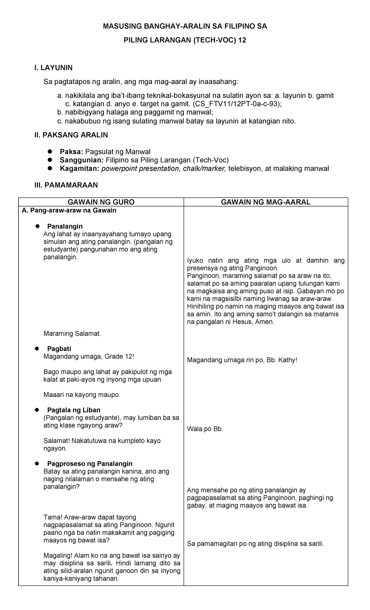 PILING LARANGAN 12: Pagsulat ng Manwal - Isang Kompleks na Aralin - Studocu