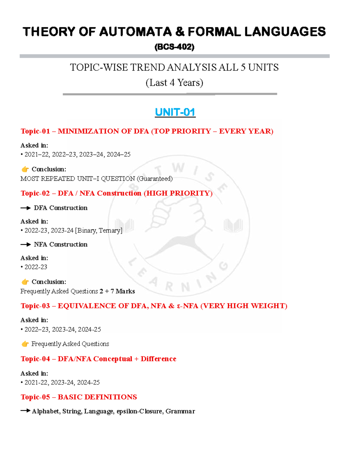 TAFL 5 Units Topic-Wise Trend Analysis & Key Questions - Studocu