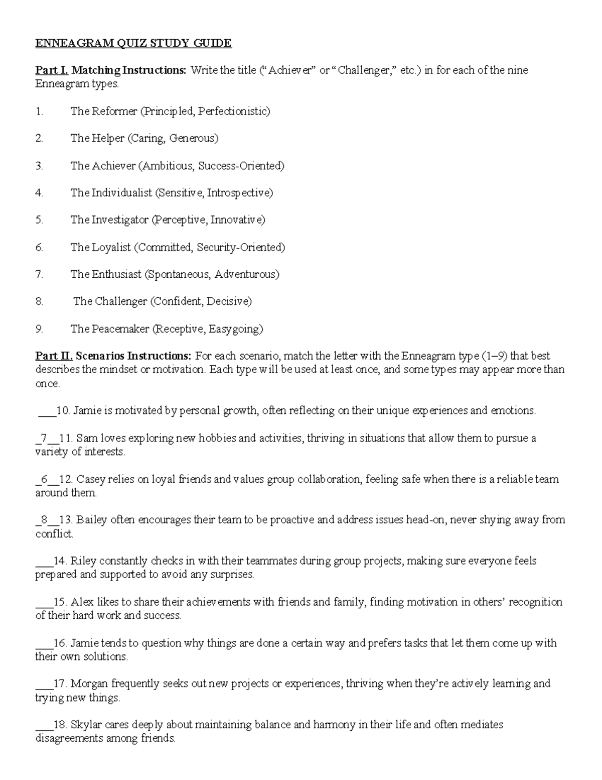 Enneagram QUIZ Study Guide - ENNEAGRAM QUIZ STUDY GUIDE Part I ...