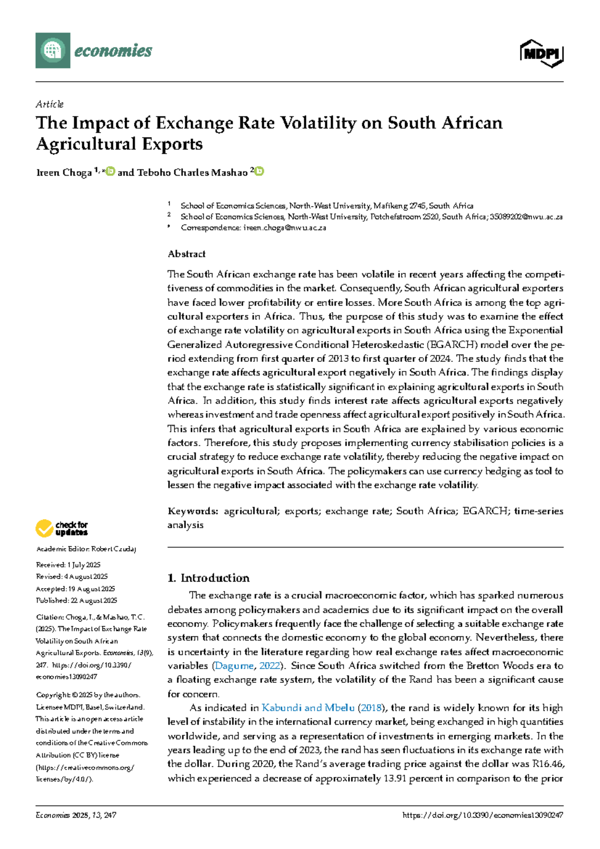 The Impact of Exchange Rate Volatility on SA Agricultural Exports (ECO ...
