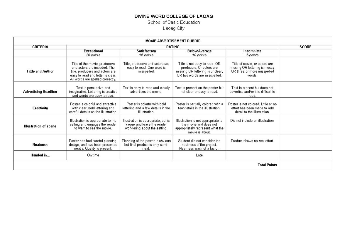 Project Rubrics - DIVINE WORD COLLEGE OF LAOAG School of Basic Education Laoag City MOVIE - Studocu