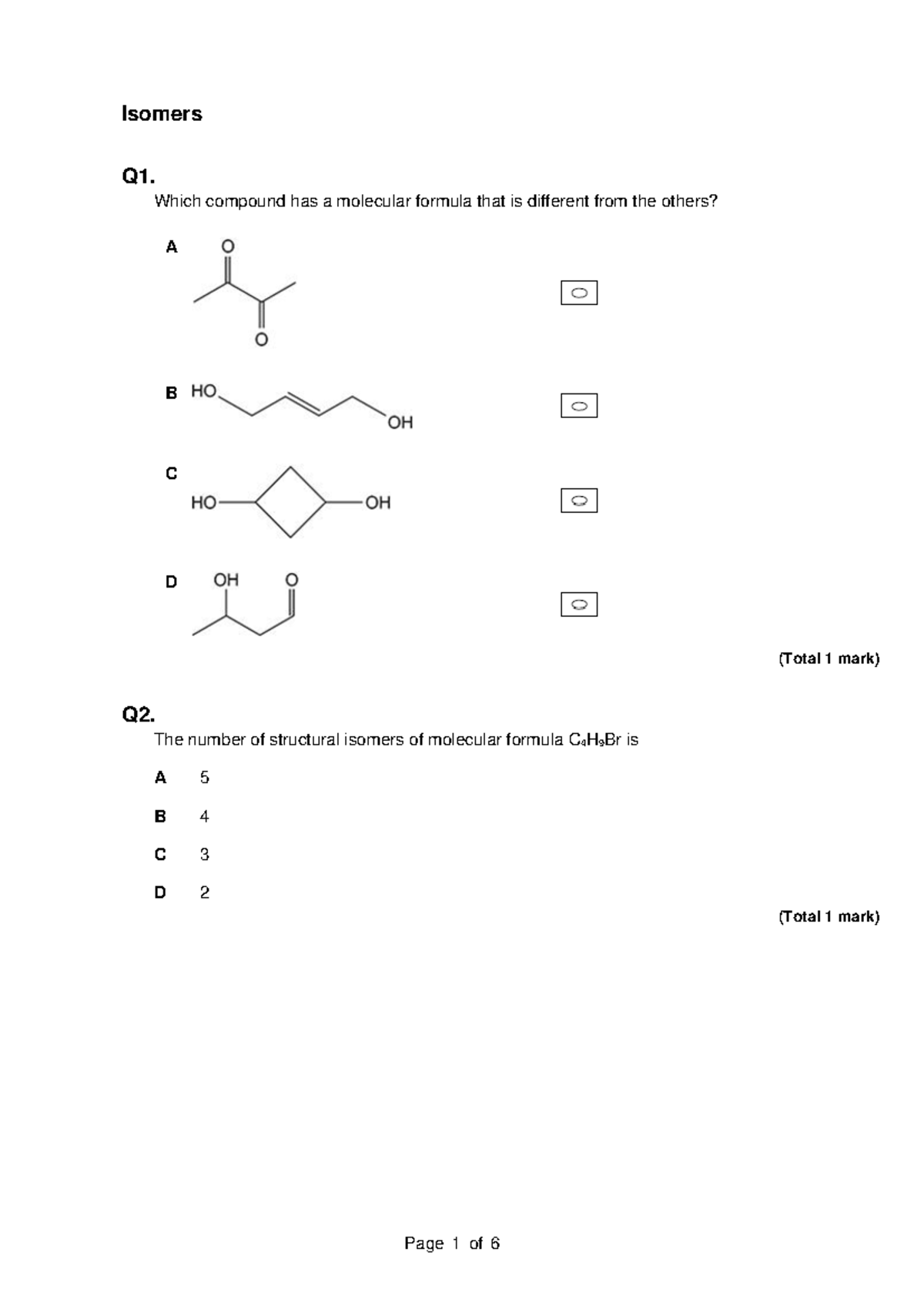Isomers Year 1 MCQs - Chemistry Quiz Notes - Studocu