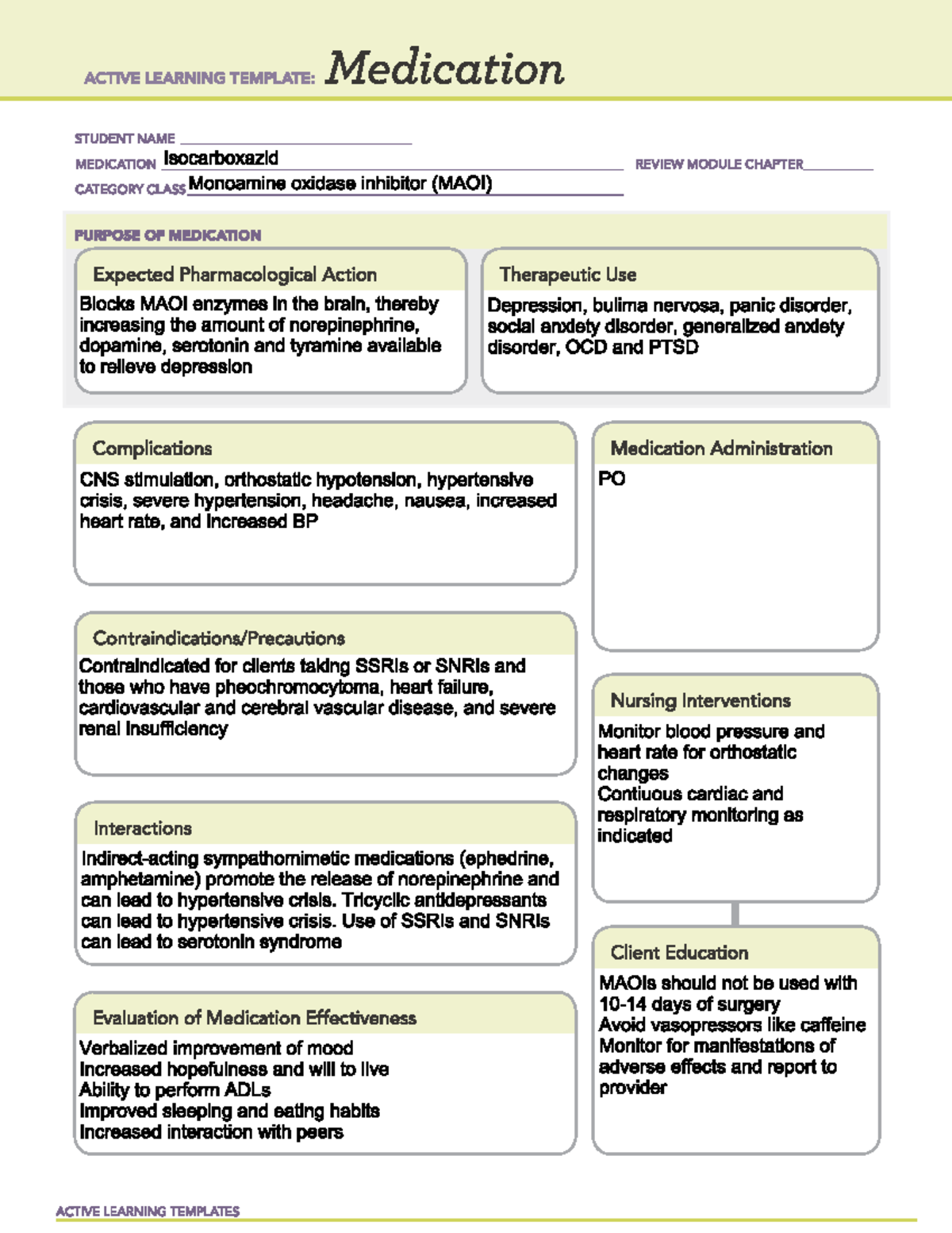 Isocarboxazid - pharm breakdown - ACTIVE LEARNING TEMPLATE: Medication ...