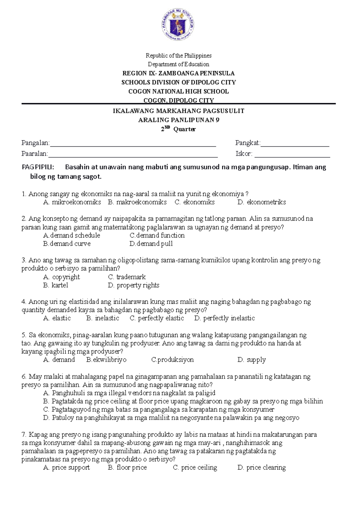 Q2 AP9 TQ- Test Questions - Republic of the Philippines Department of ...