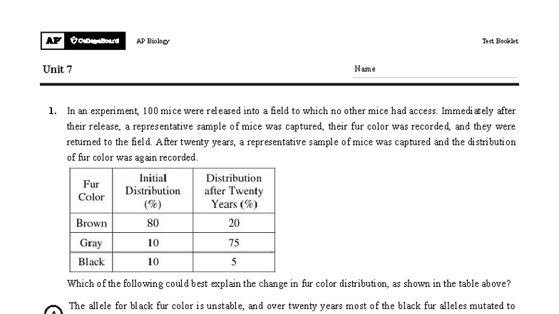 AP Biology Unit 7 MCQ Test Booklet - Studocu