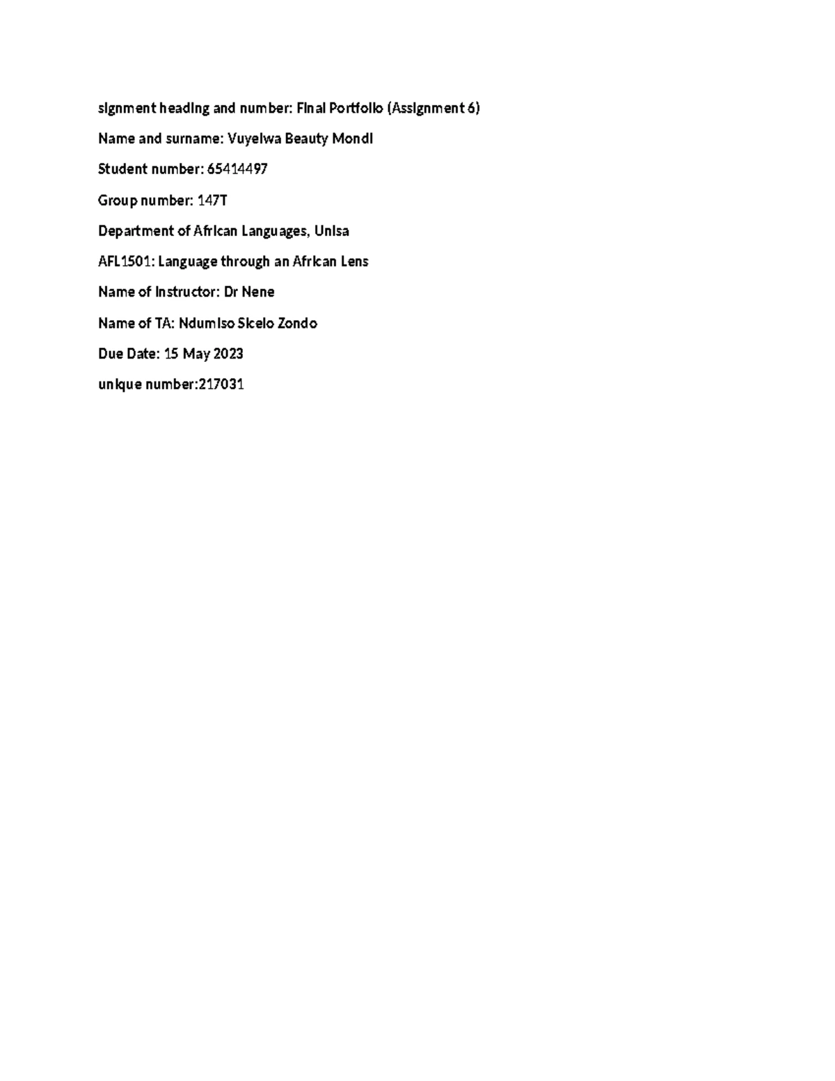 AFL1501 Assessment 6 Reflection Portfolio on Ubuntu and Identity - Studocu