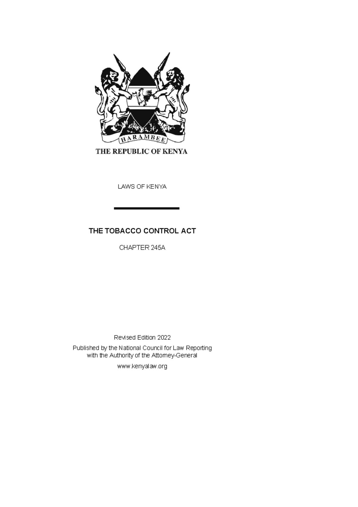 Tobacco Control Act (CAP 245A) - Revised Edition 2022 Overview - Studocu