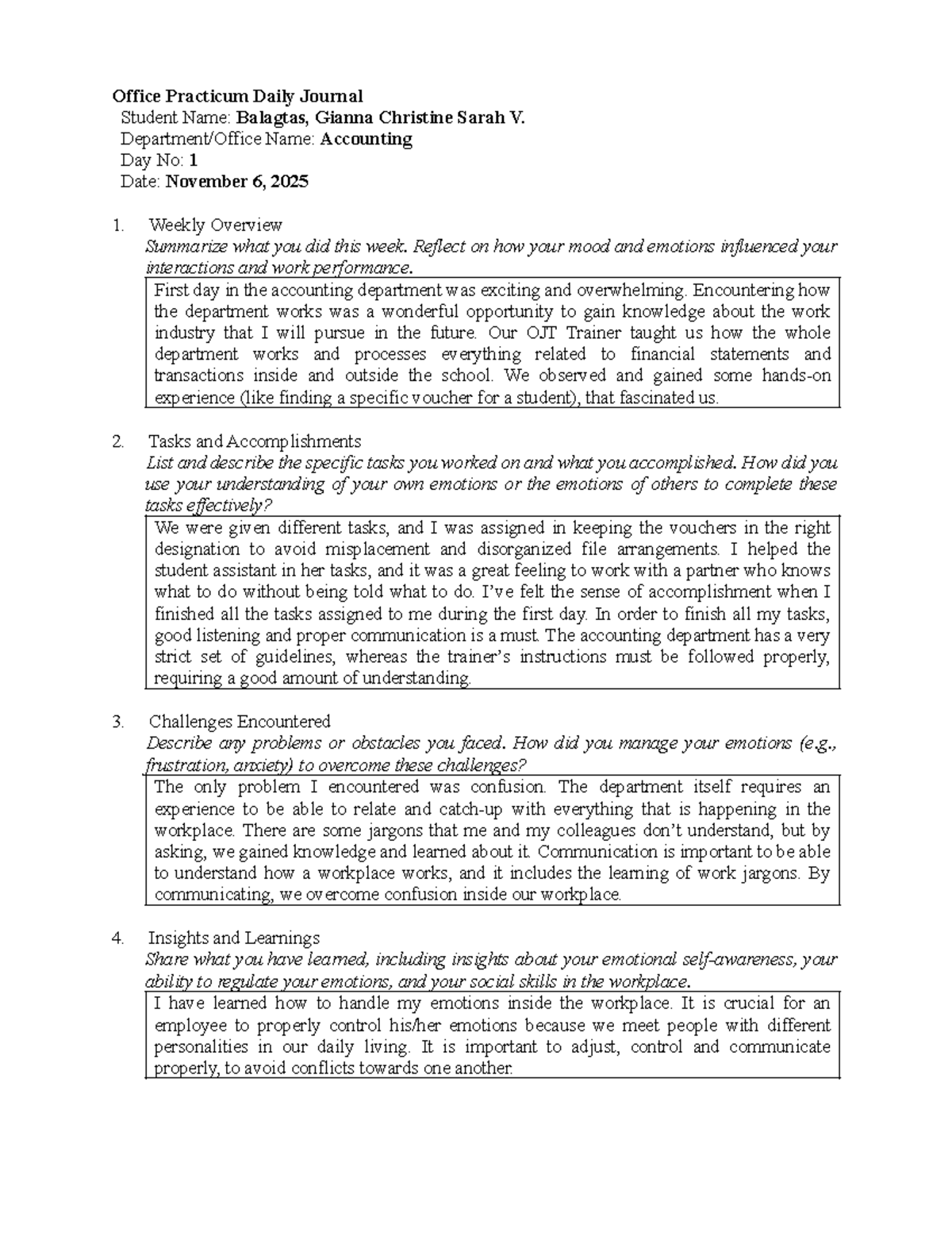Accounting OJT Daily Journal - Week 1 by Balagtas, Gianna Christine ...