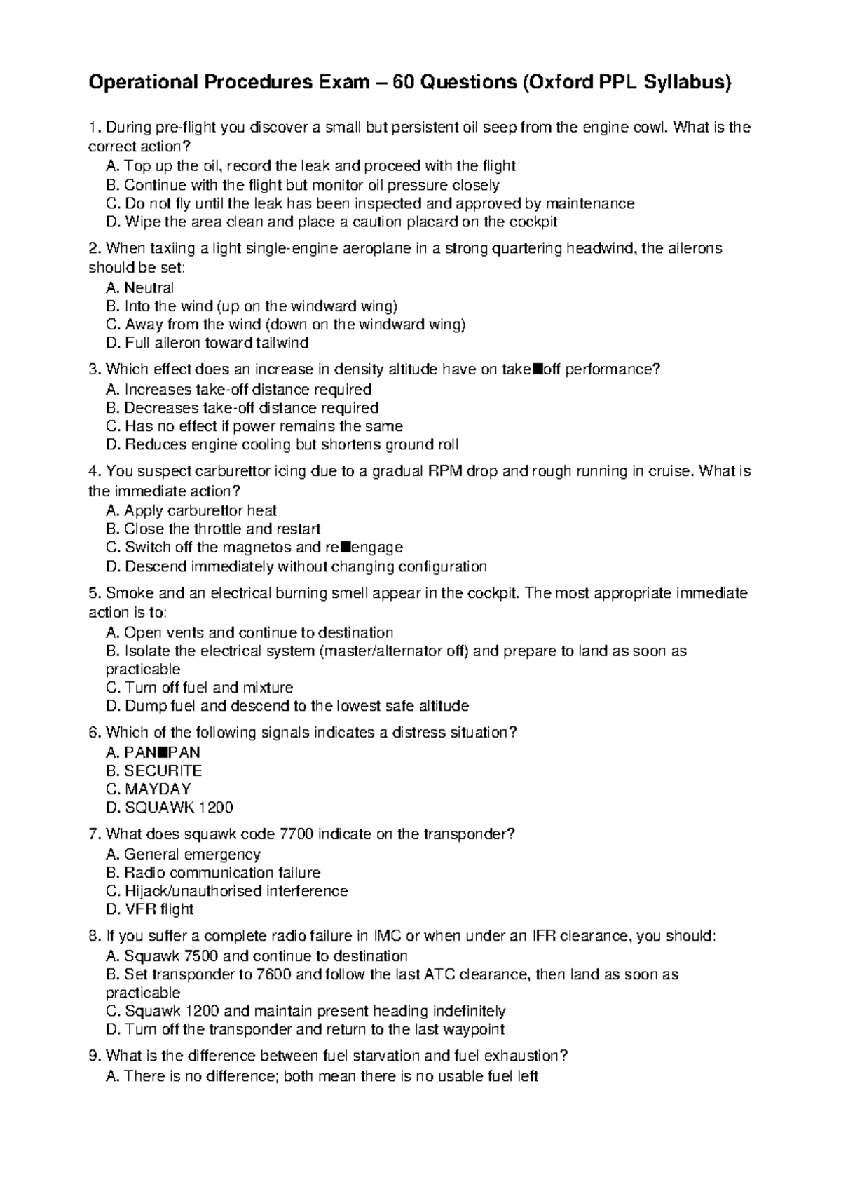 Operational Procedures Final Exam: 60 Questions (Oxford PPL Syllabus ...