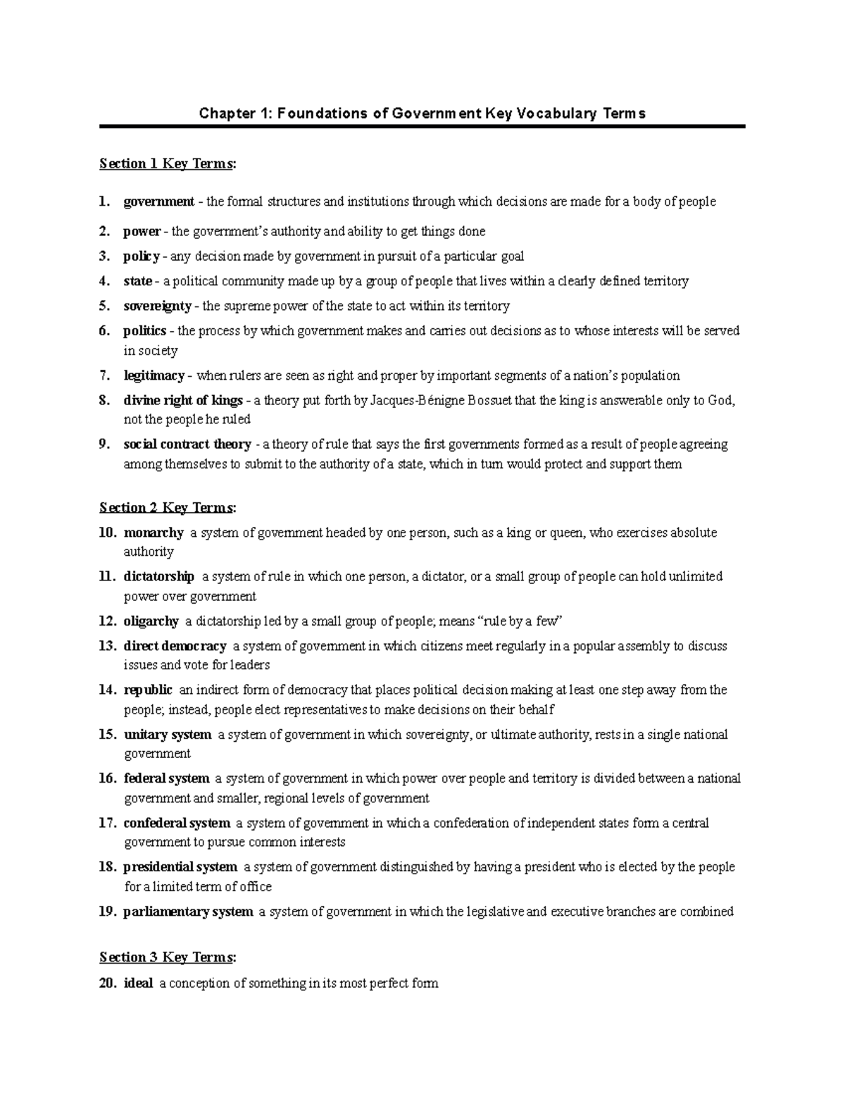 GOV-101 Chapter 1 Key Vocabulary Terms for Foundations of Government ...