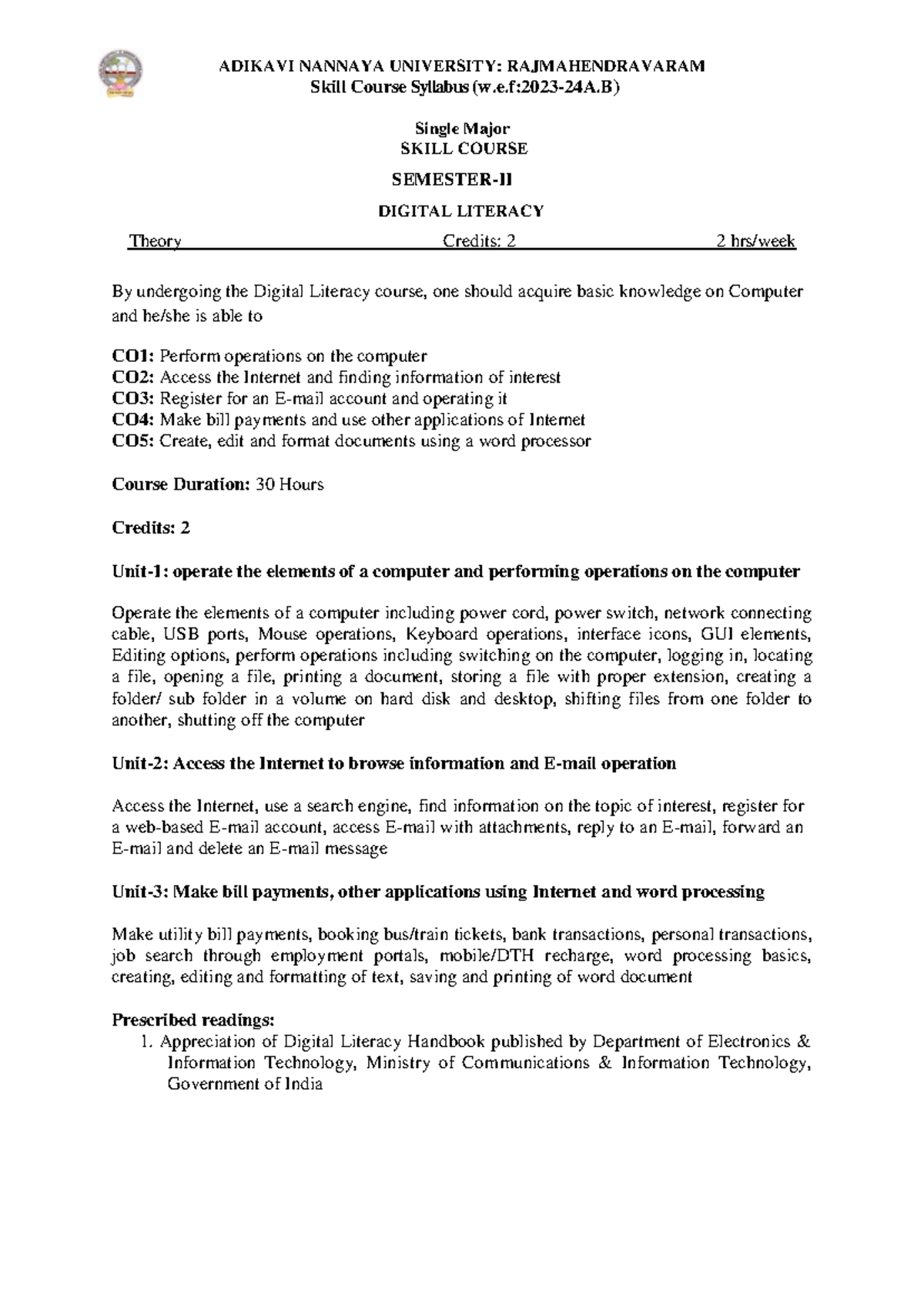 Digital Literacy Syllabus - ADIKAVI NANNAYA UNIV, Semester-II - Studocu