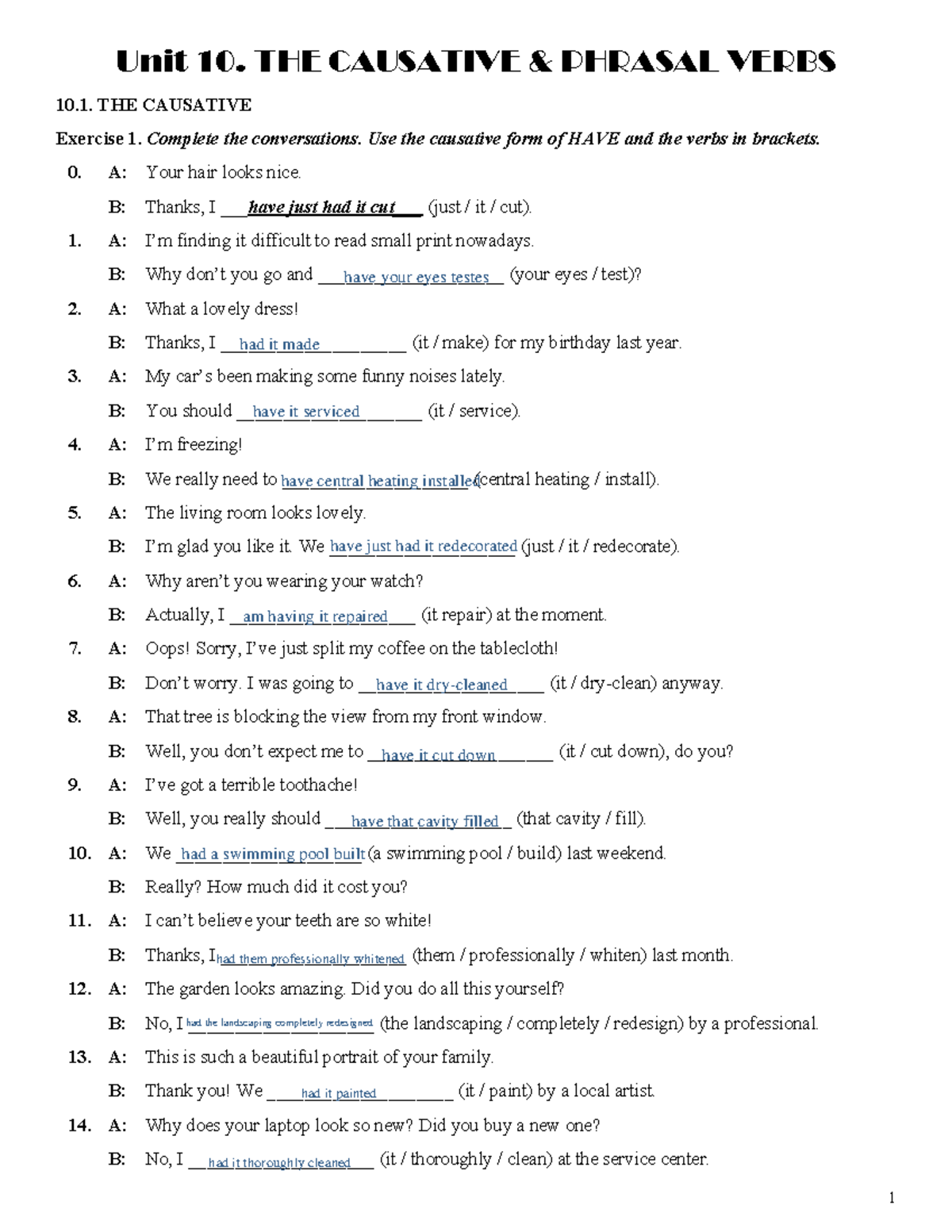 [HW] Unit 10. Causative Verb Patterns & Phrasal Verbs - Unit 10. THE ...