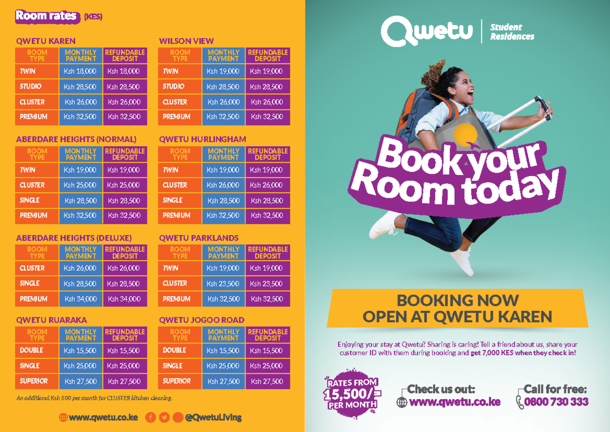 Qwetu Rates Summary: Monthly Room Costs & Amenities Details - Studocu