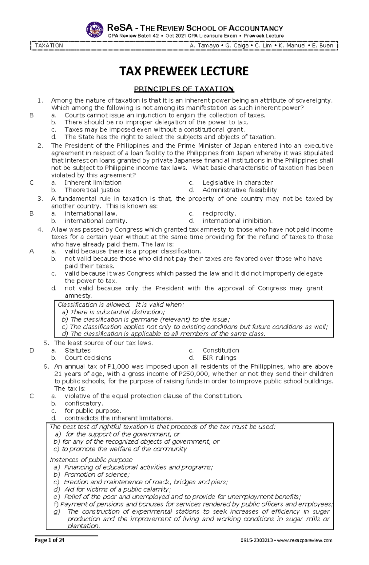 TAX Preweek Lecture B42 - ReSA - THE REVIEW SCHOOL OF ACCOUNTANCY CPA Review Batch 42 Oct 2021 ...