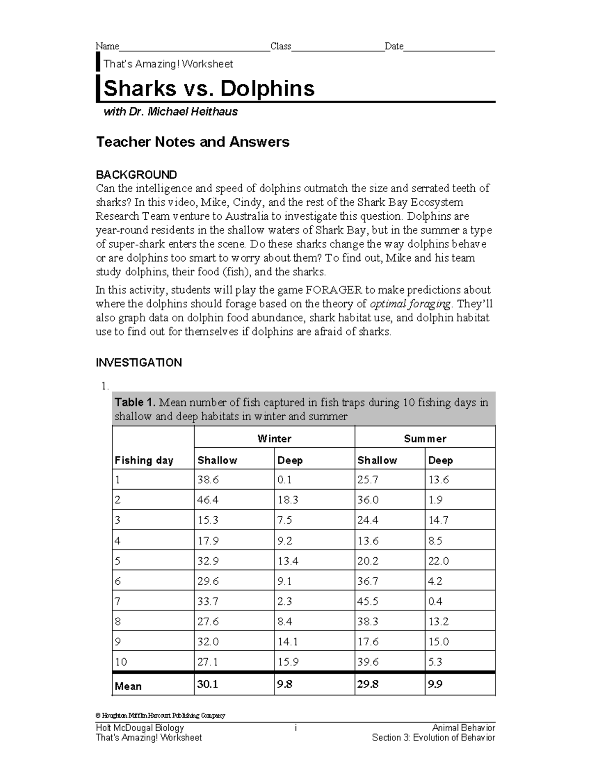 Sharks vs. Dolphins: Teacher Notes & Answers for Biology Worksheet ...
