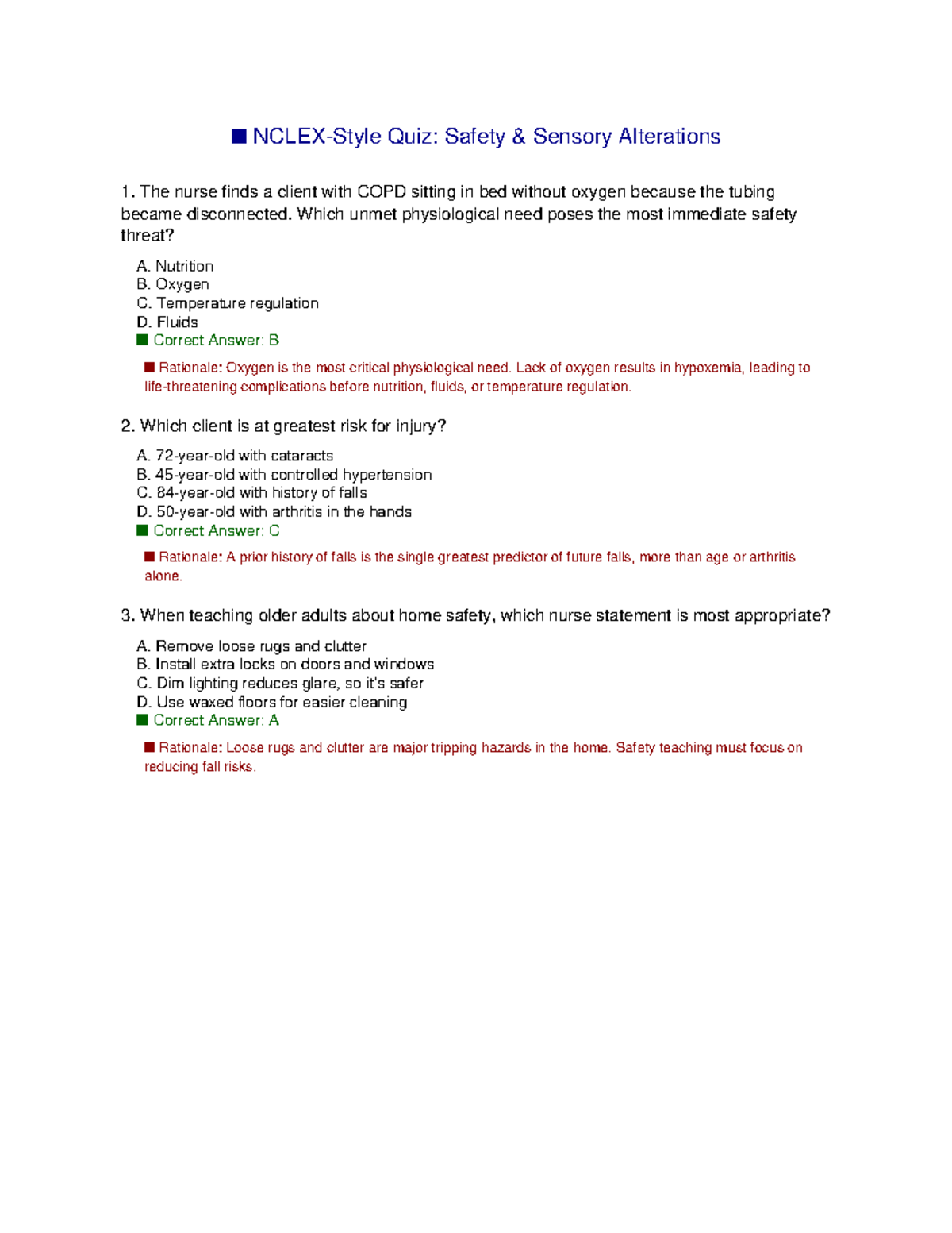 NCLEX Quiz: Safety & Sensory Alterations (Quiz) - Studocu