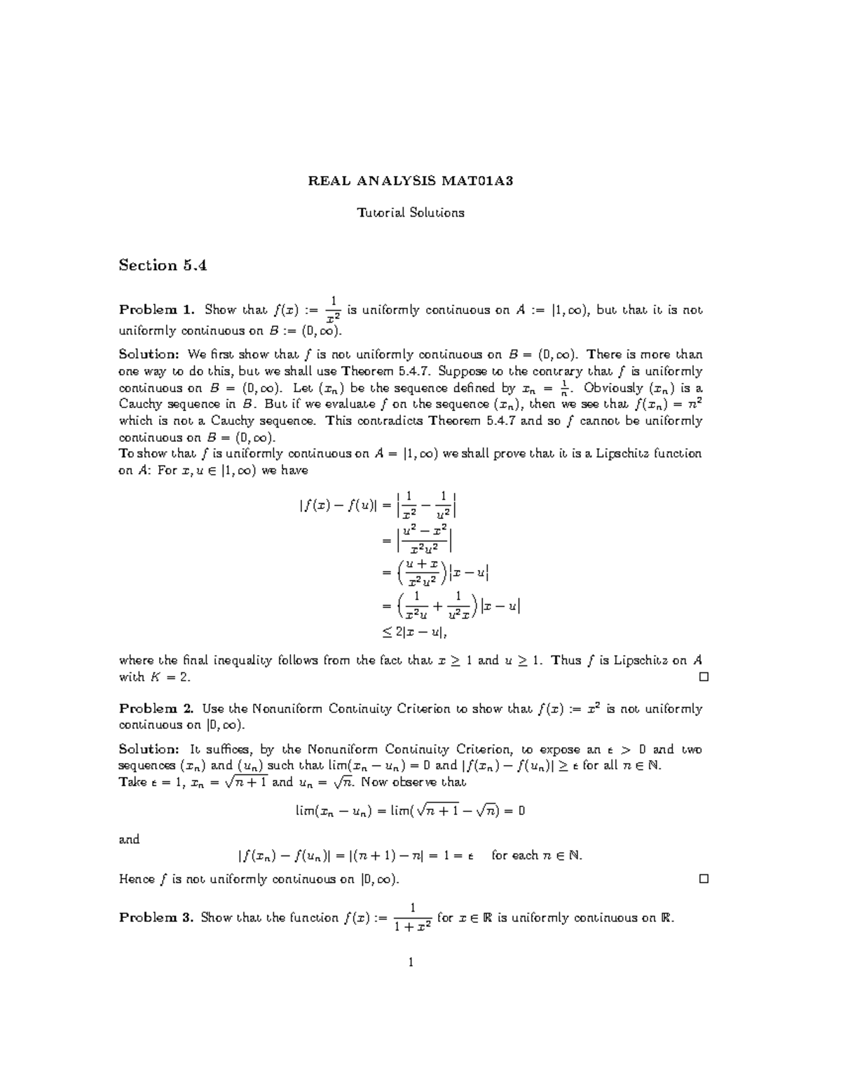 Real Analysis MAT01A3 Tutorial Solutions: Uniform Continuity Issues ...