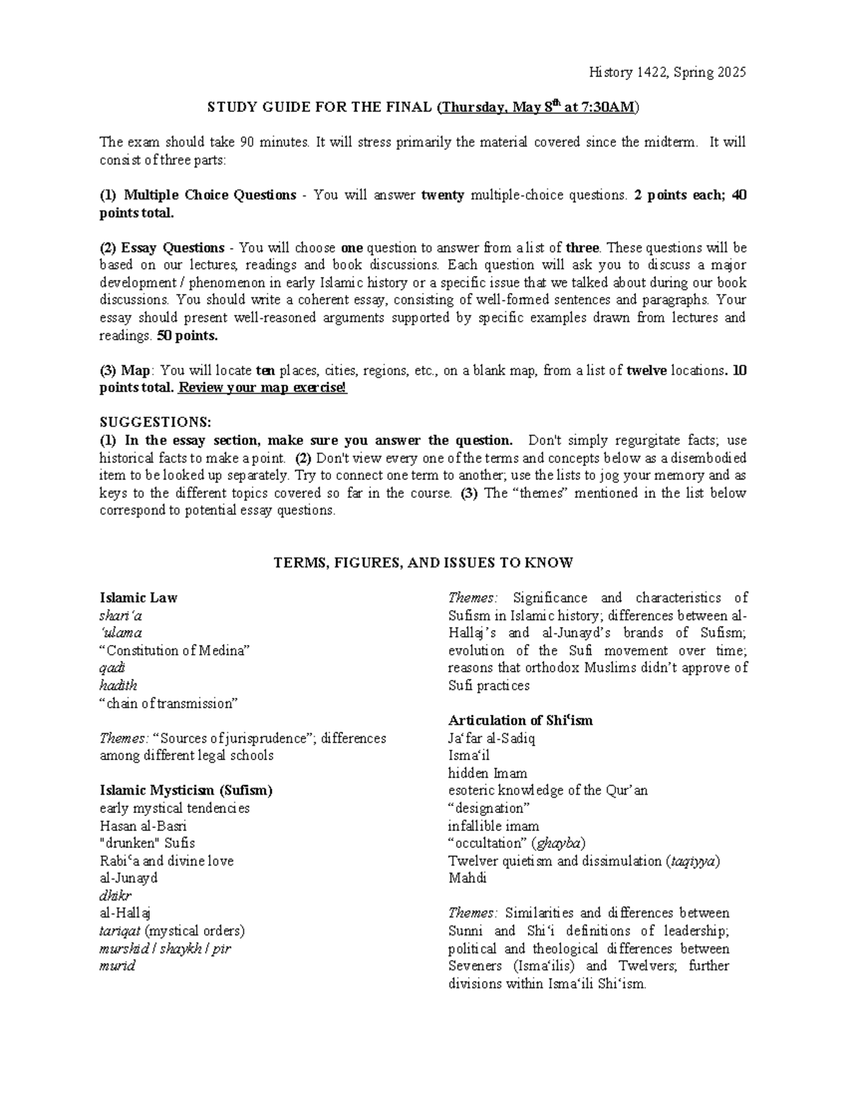 Final Exam Study Guide for HIST 1422: Early Islamic History - Studocu