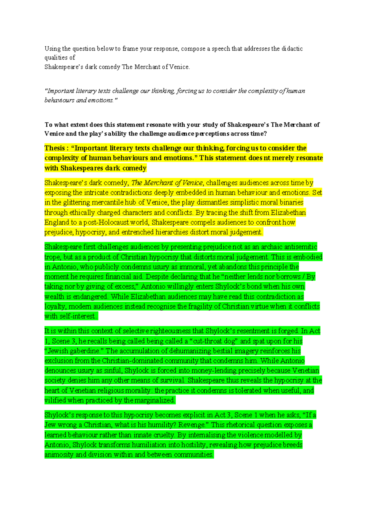 Merchant of Venice Common Module 19/20 Essay: Dark Comedy & Human ...