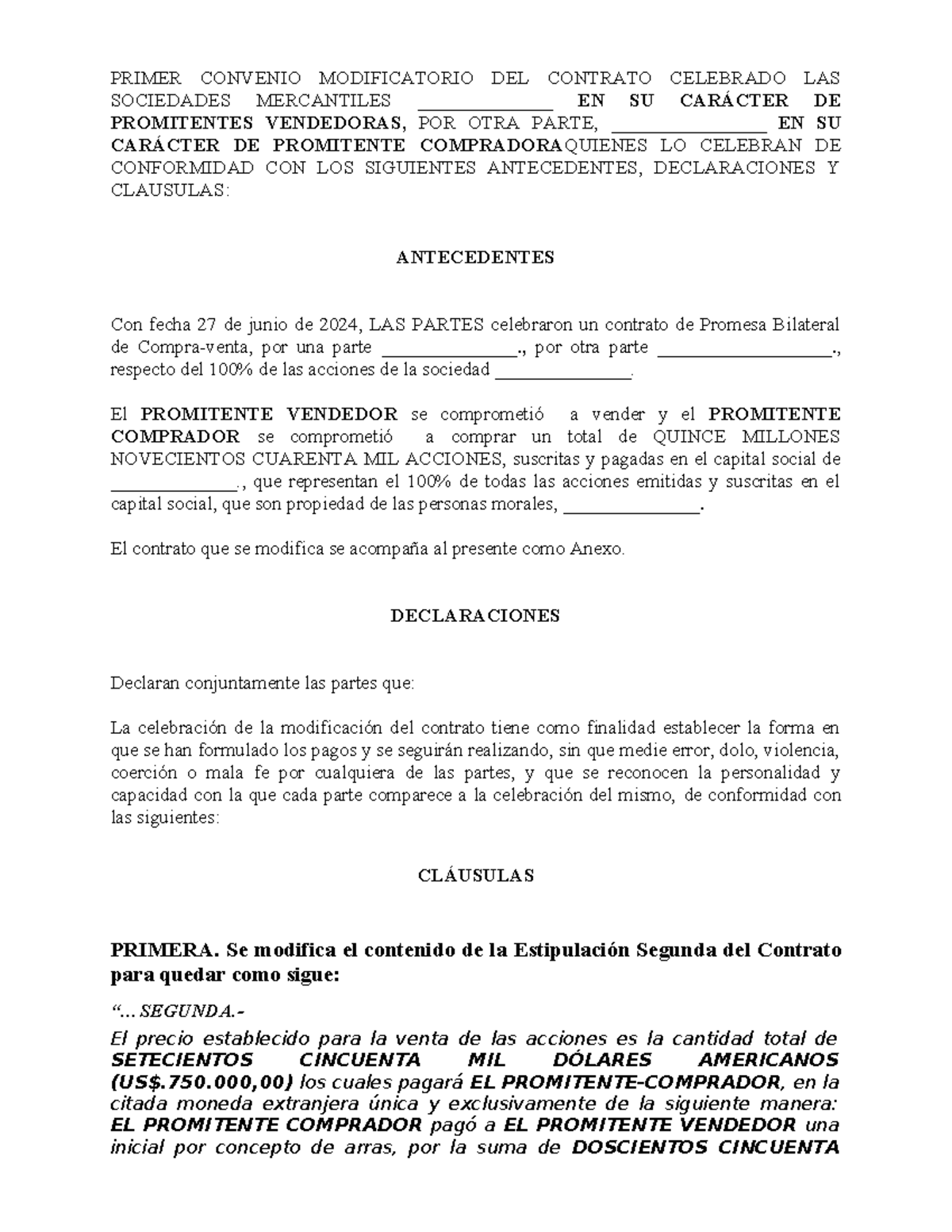 Primer Convenio Modificatorio DEL Contrato Celebrado LAS Sociedades ...