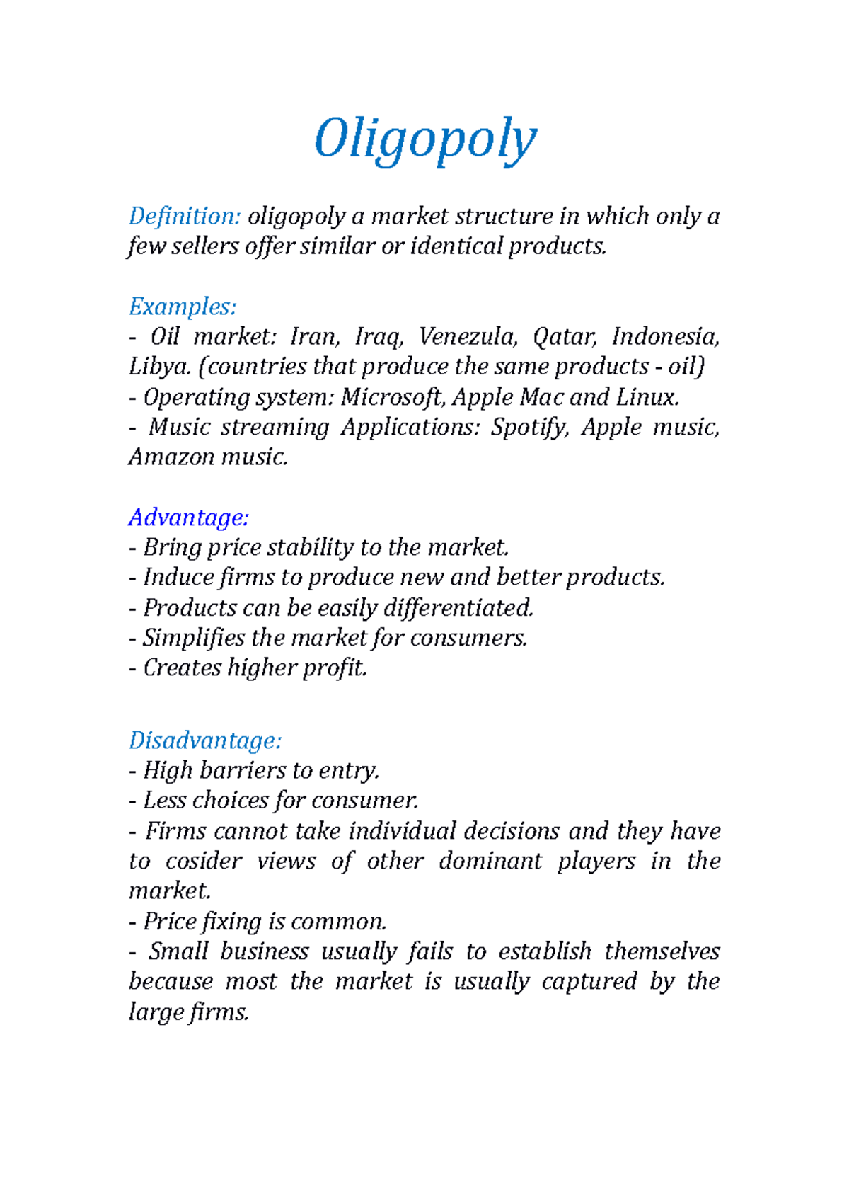 Oligopoly summary definition examples pros and cons - Microeconomics ...