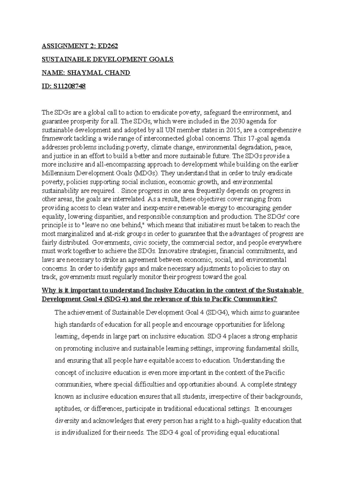 Assignment 2: ED262 Understanding Inclusive Education & SDG 4 - Studocu