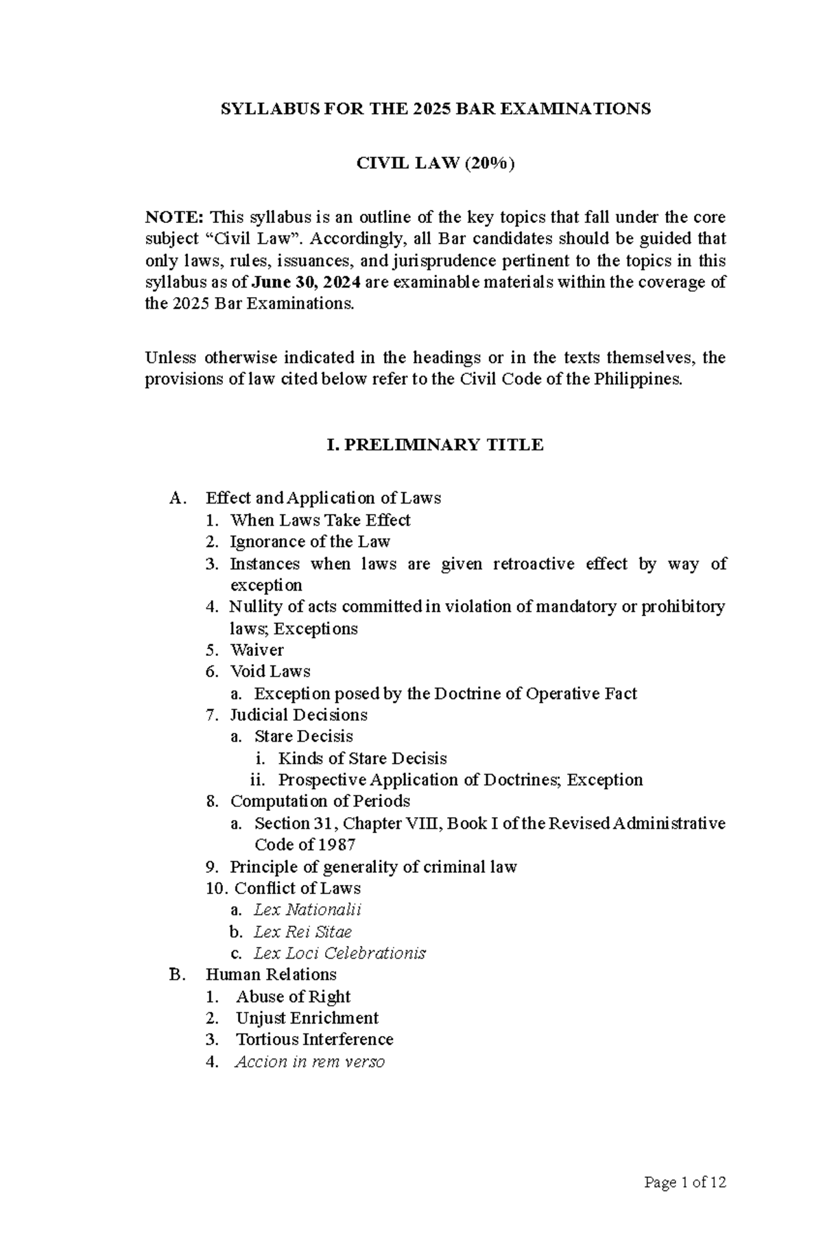 Civil Law (20%) - The syllabus for the 2025 bar exam - SYLLABUS FOR THE ...