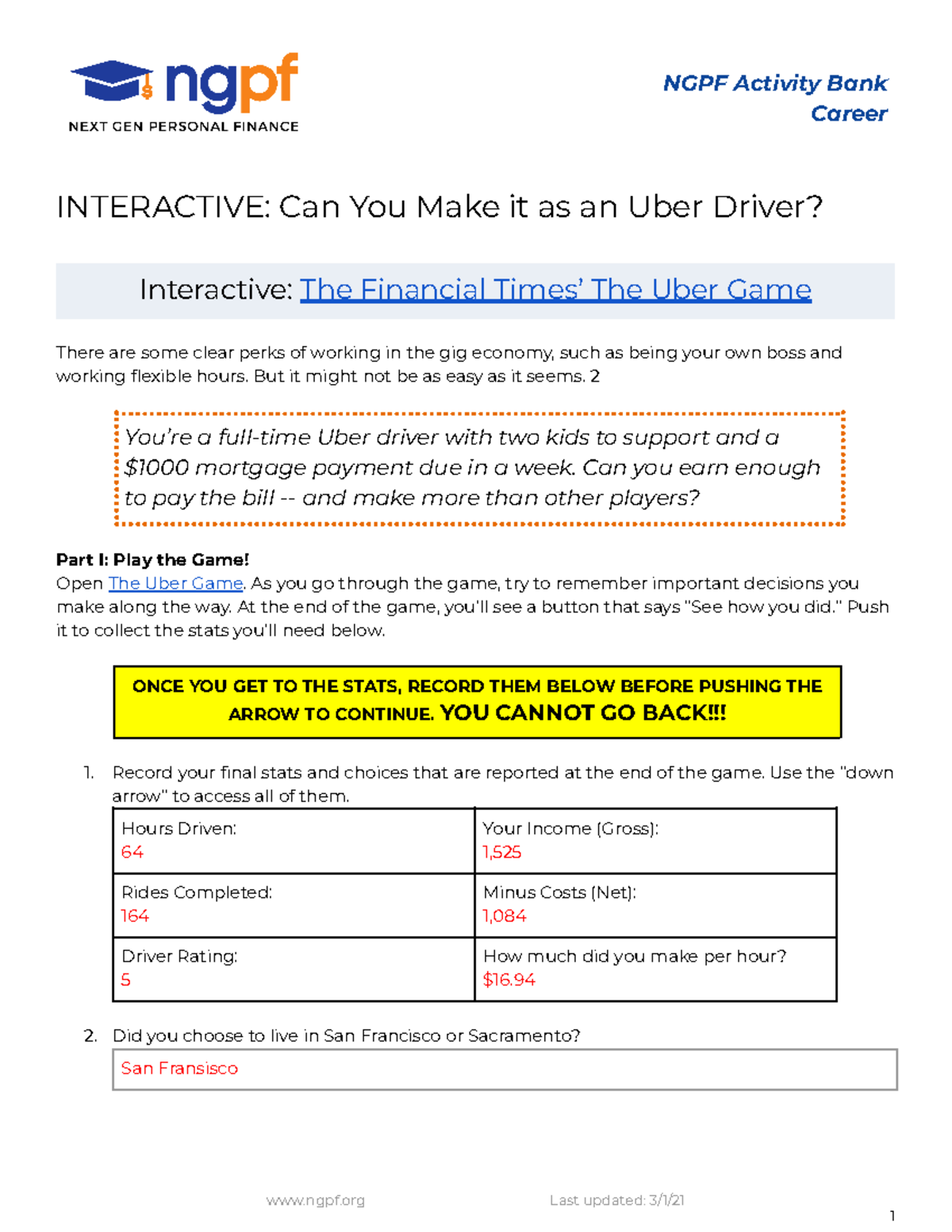 Can You Make it as an Uber Driver - NGPF Activity Bank Career ...