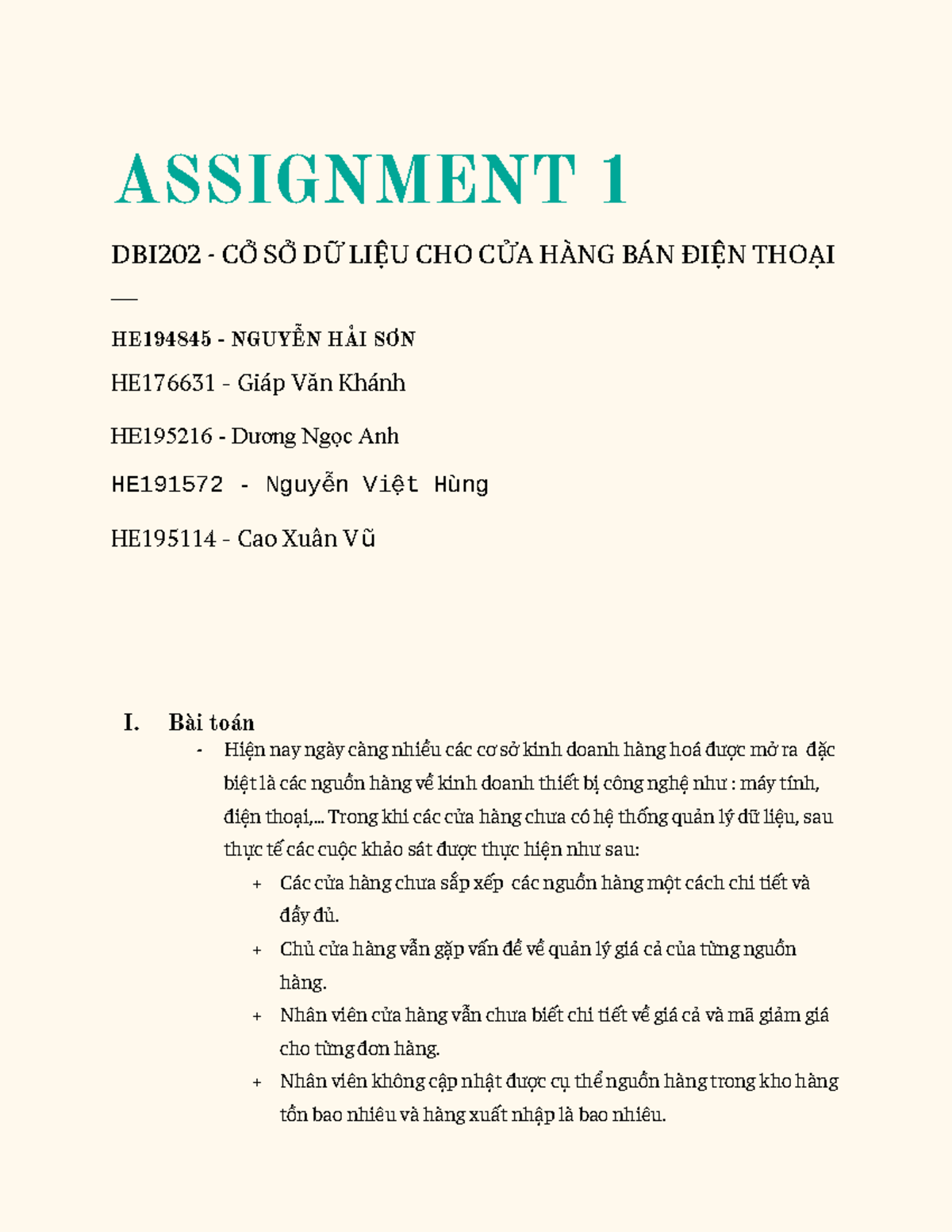 Nghiên Cứu Hệ Thống Quản Lý Dữ Liệu - DBI202 Assignment 1 - Studocu