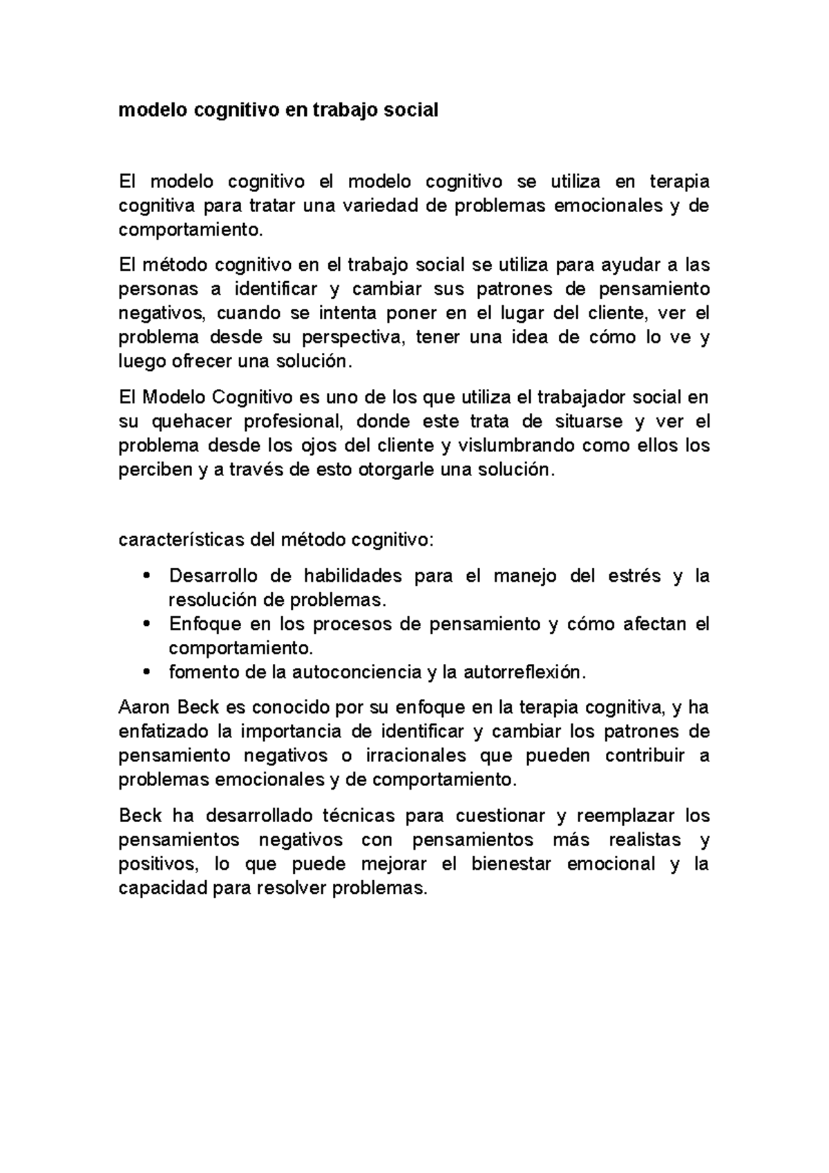 Modelo Cognitivo en Trabajo Social: Enfoques y Técnicas Clave - Studocu