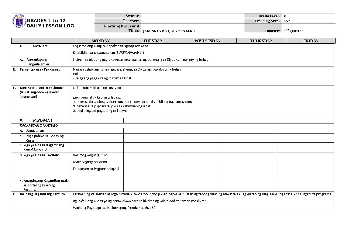Grade 5 DLL ESP 5 Q4 Week 1 - GRADES 1 to 12 DAILY LESSON LOG School: Grade Level: V Teacher ...