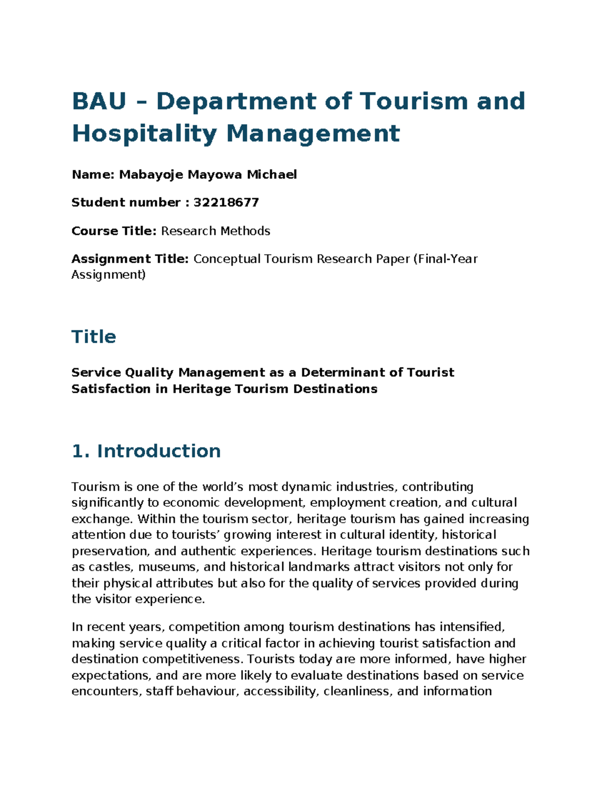 BAU Research Methods: Service Quality & Tourist Satisfaction in ...