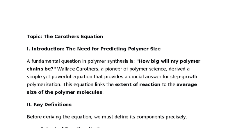 Polymer Synthesis Lecture Notes 4, 5, 6: Carothers Equation & Gel Point ...
