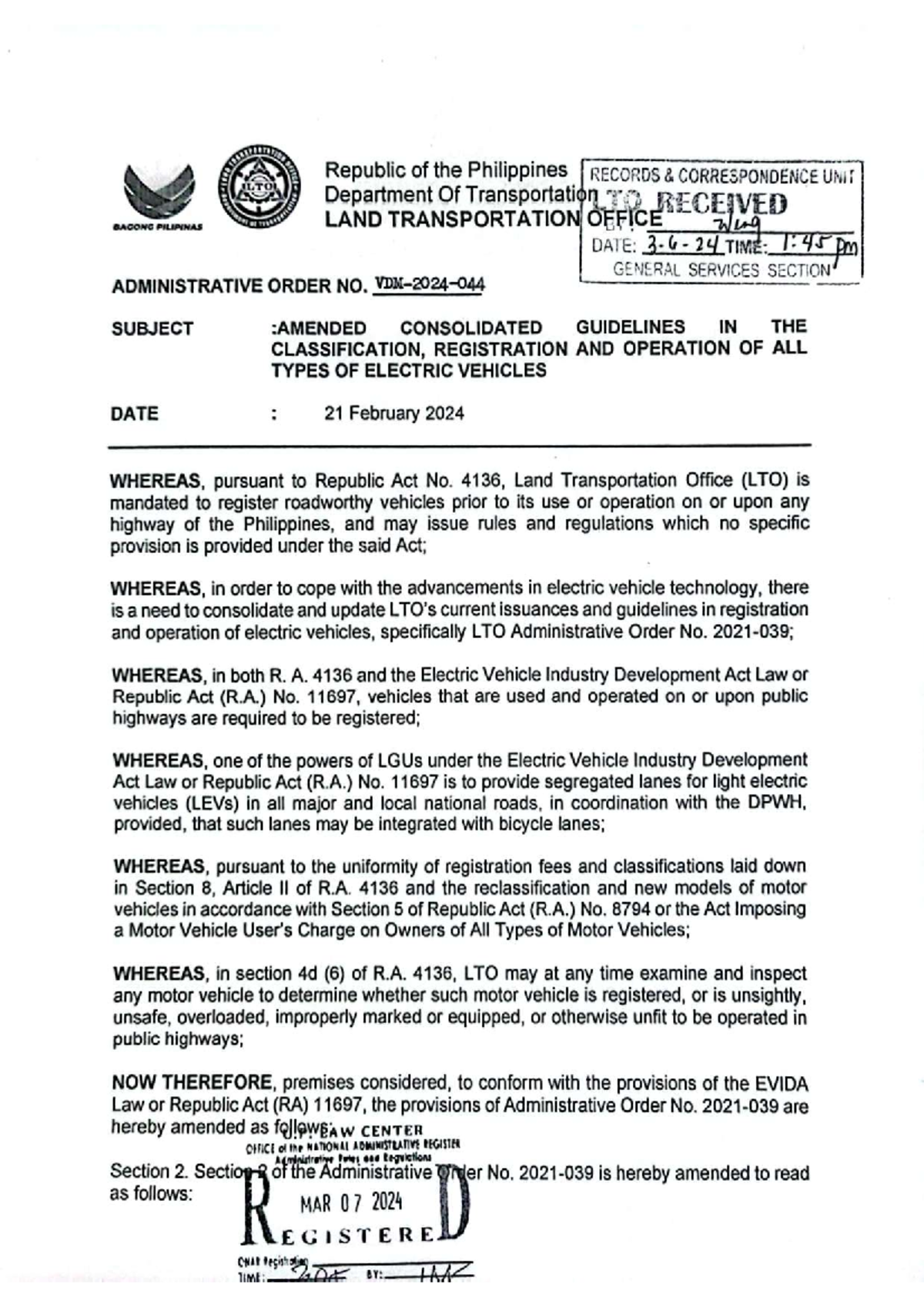 LTO AO 2024-044-2: Amended Guidelines for Electric Vehicles - Studocu