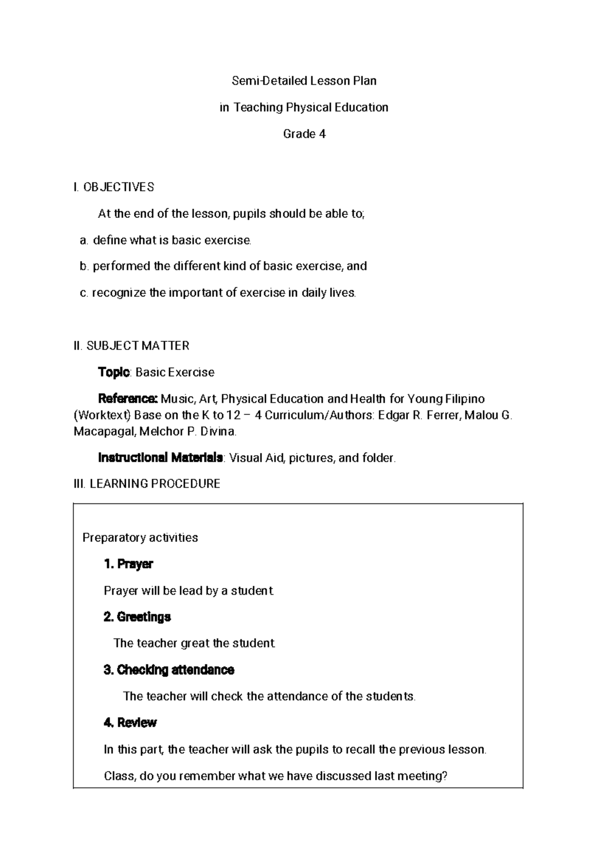Semi-Detailed Lesson Plan on Basic Exercise (PE 1-4) - Studocu